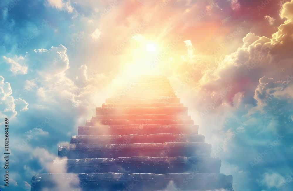 4K animation of a heavenly stairway ascending through ethereal clouds ...