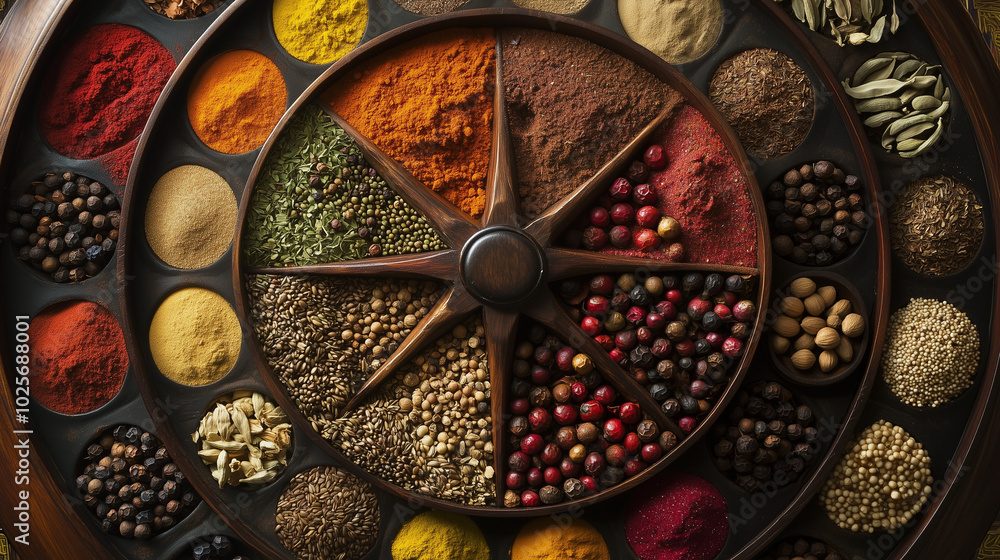 A circular composition of spices in various colors and textures ...