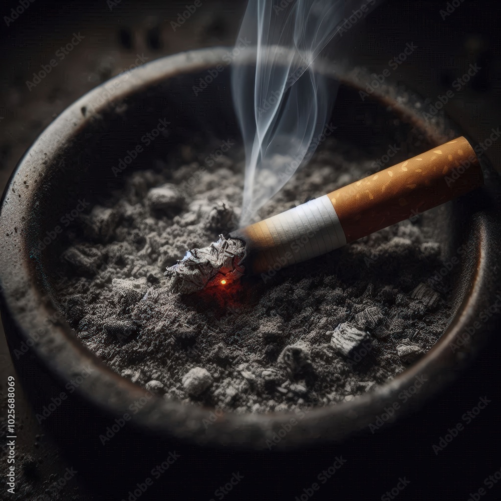lit cigarette resting in a bed of ashes within a round ashtray. The ...