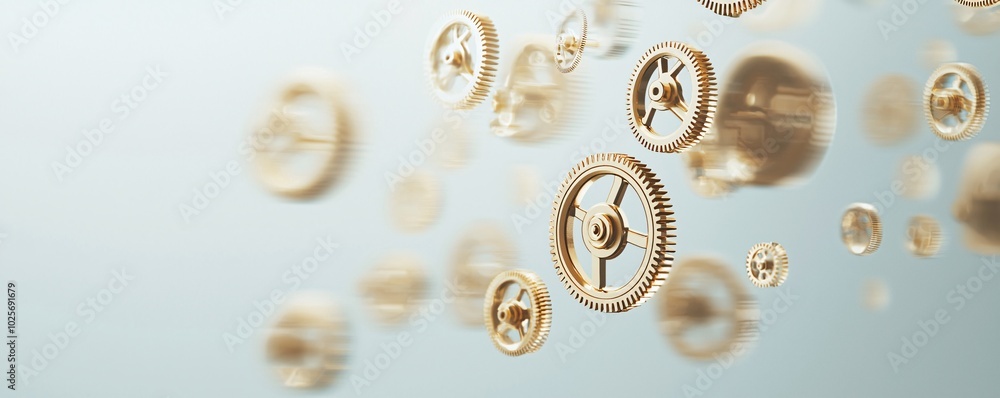 Golden Gears of Time, deconstructed golden clock, floating gears in a ...