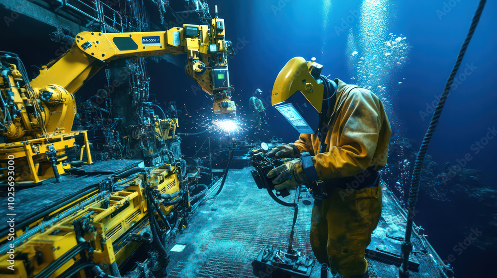Subsea welders in a high-tech underwater facility, using advanced ...