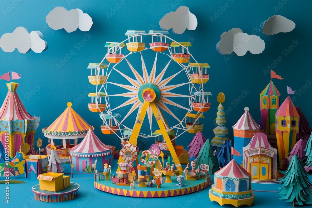 papercraft of Colorful paper carnival scene featuring a ferris wheel ...