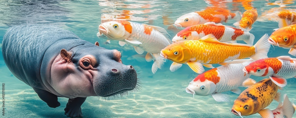 A pygmy hippo swimming alongside a group of colorful koi fish in a ...