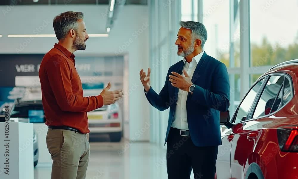 Two men discussing in a car dealership, highlighting a friendly ...