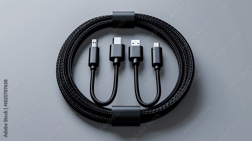 Coiled black braided sleeving cable adapter usb type a to three various ...
