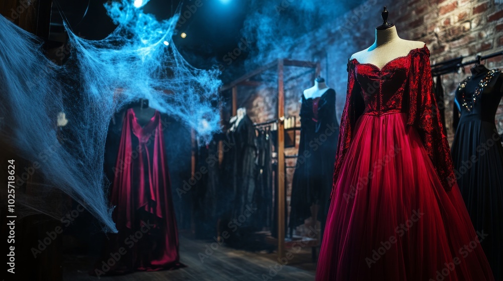 An empty scene featuring vibrant vampire costumes on mannequins amidst ...