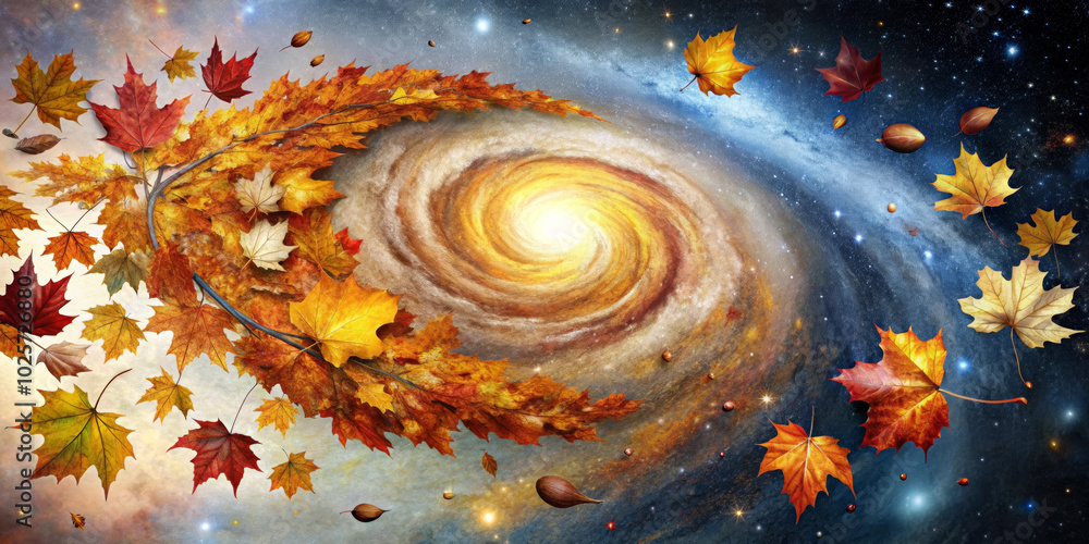 Golden autumn leaves swirl across a cosmic scene, merging with a spiral ...