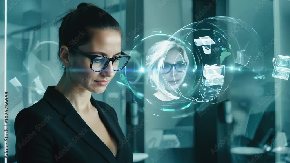 A young woman in a sleek, futuristic office interacts with a ... A young woman in a sleek, futuristic office interacts with a ...