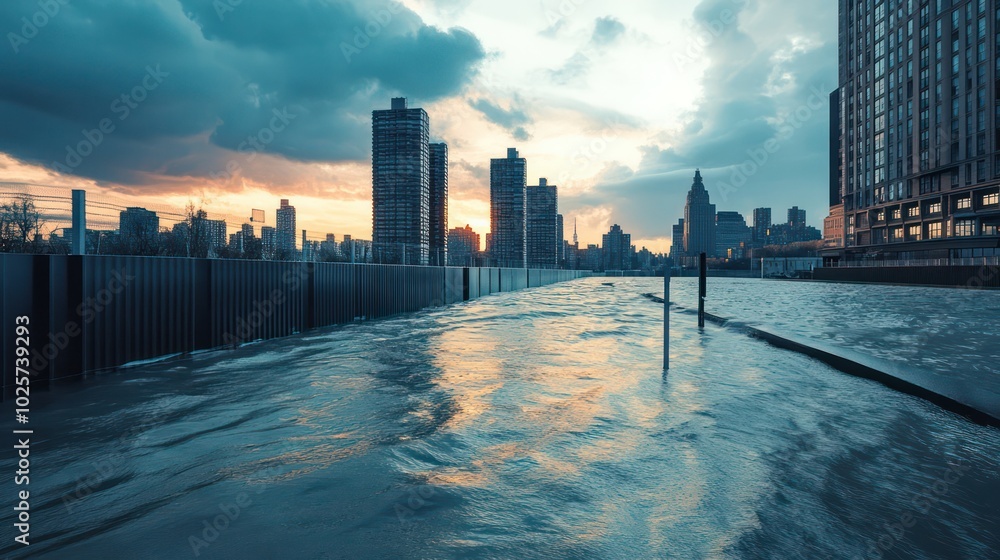 A city preparing for future sea level rise with flood barriers and ...