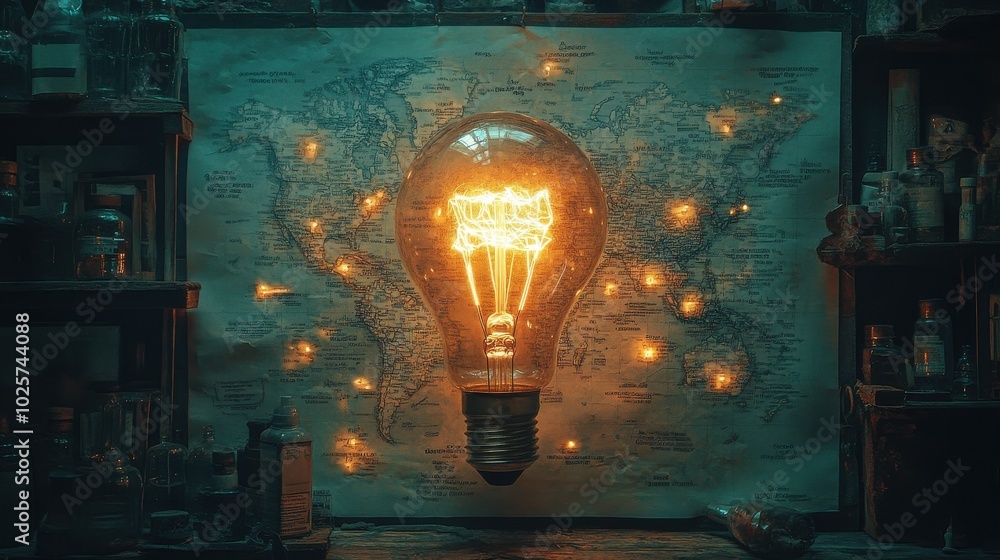Illuminated World Map with Vintage Light Bulb and Antique Bottles Stock ...