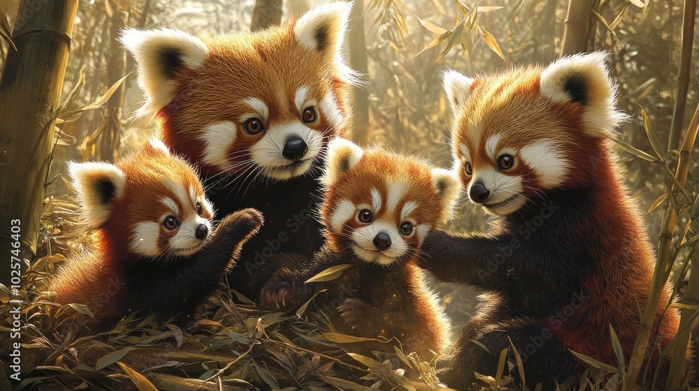 A heartwarming image of a family of red pandas playfully interacting in ...