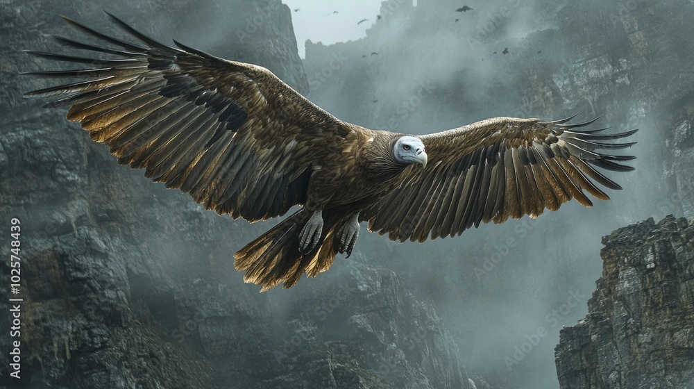 A dramatic shot of a soaring vulture against a backdrop of rugged ...