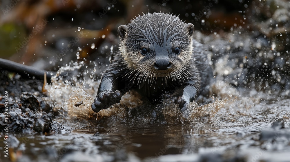 A captivating photograph of a playful otter pup sliding down a muddy ...