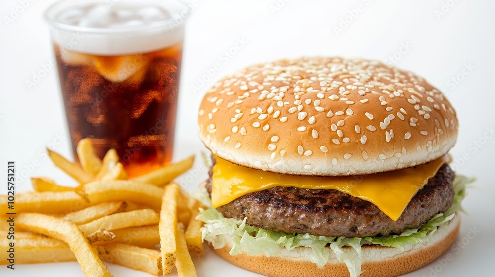 Classic fast food combo with cheeseburger, fries, and soda on a white ...