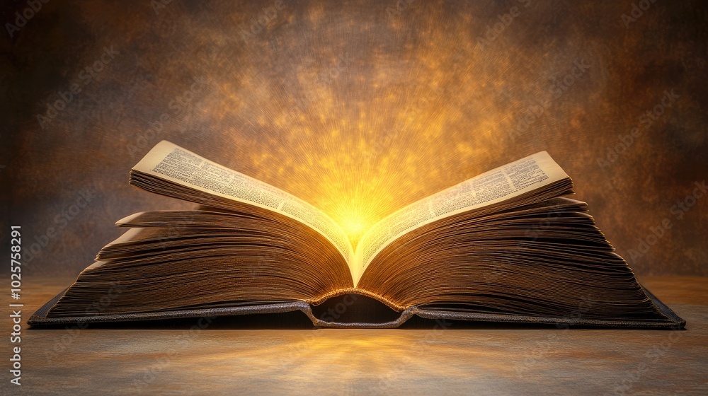 Open book with radiant light rising from the pages, symbolizing futuristic technology in ...