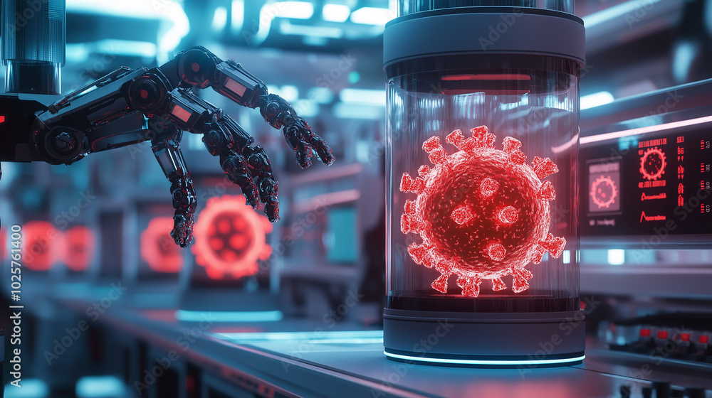 A sci-fi interpretation of a virus being weaponized, shown inside a ...