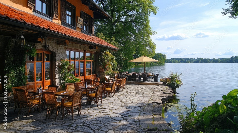 A picturesque cafe by the lake, with tables set up outside to offer a ...