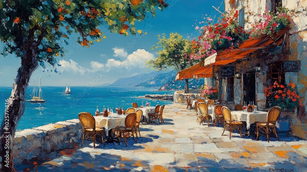 A picturesque cafe by the seaside, with tables set up outside to offer ...