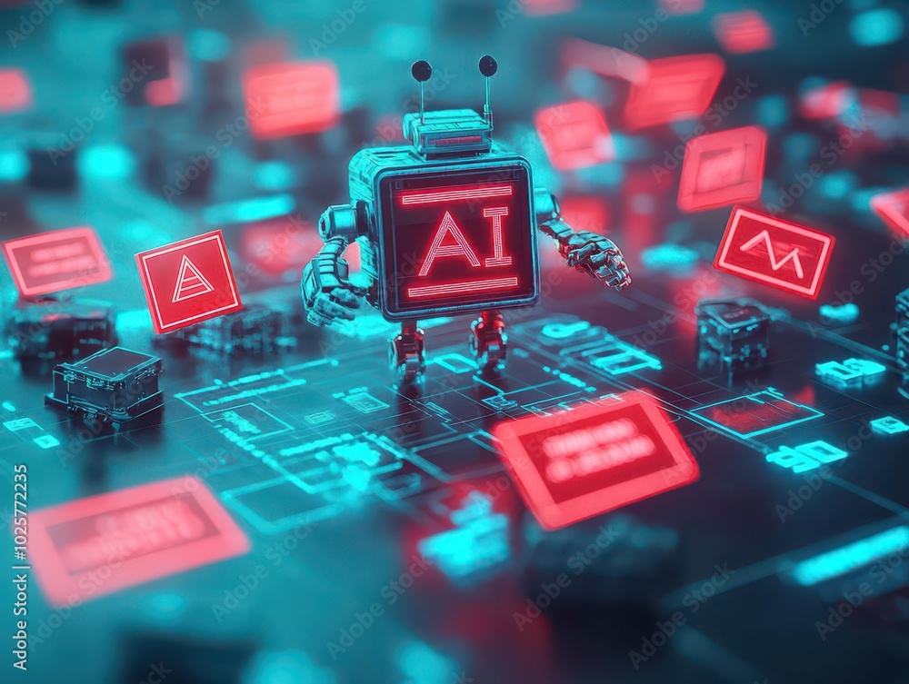 Robot investor surrounded by collapsing digital assets, holographic red ...