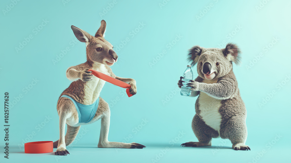 Kangaroo in workout gear demonstrating burpees to a koala in a ...