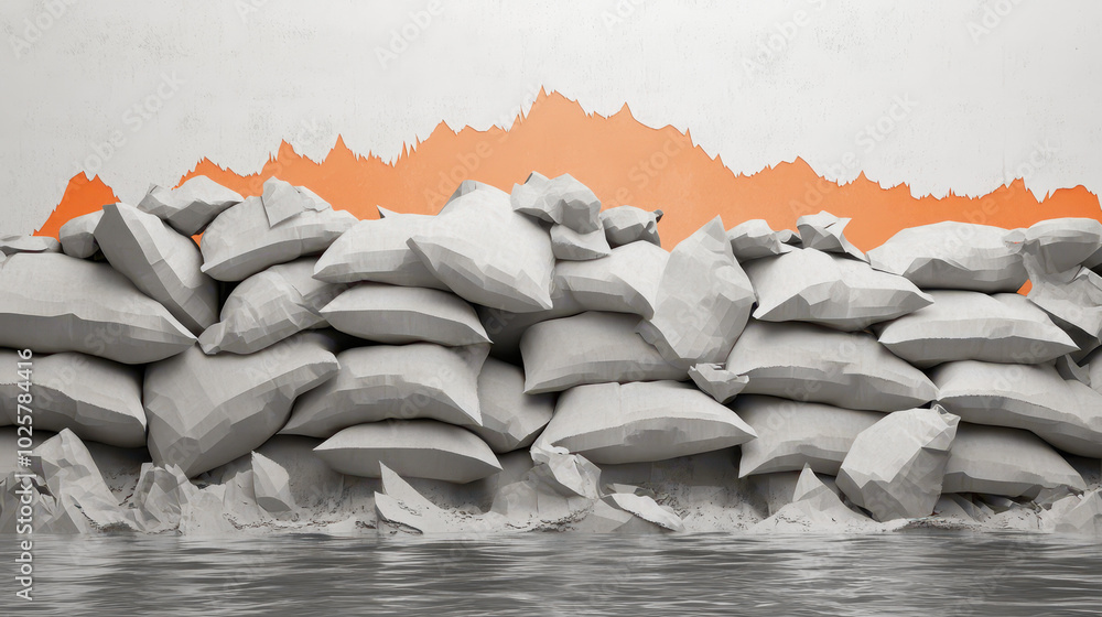 Grayscale sandbag wall illustration in paper cut-out style, featuring ...