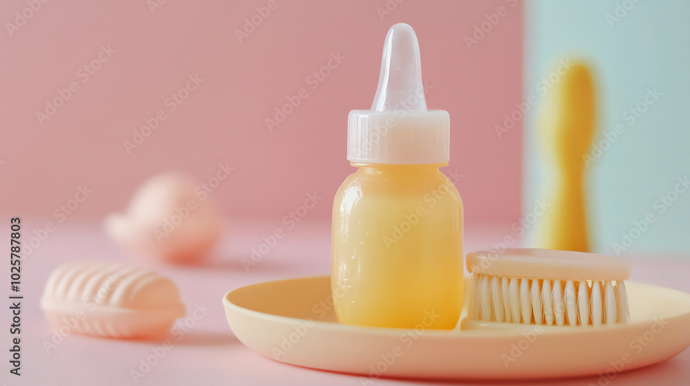 Colorful baby care products on a pastel background, featuring a yellow ...