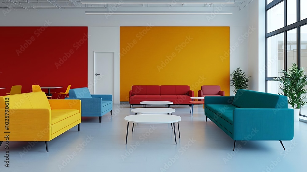 Modern coworking space with shared openplan layout, colorful furniture ...