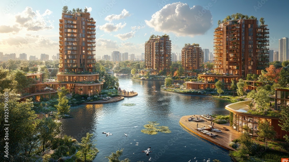 A cutting-edge urban waterfront development with mixed-use buildings ...