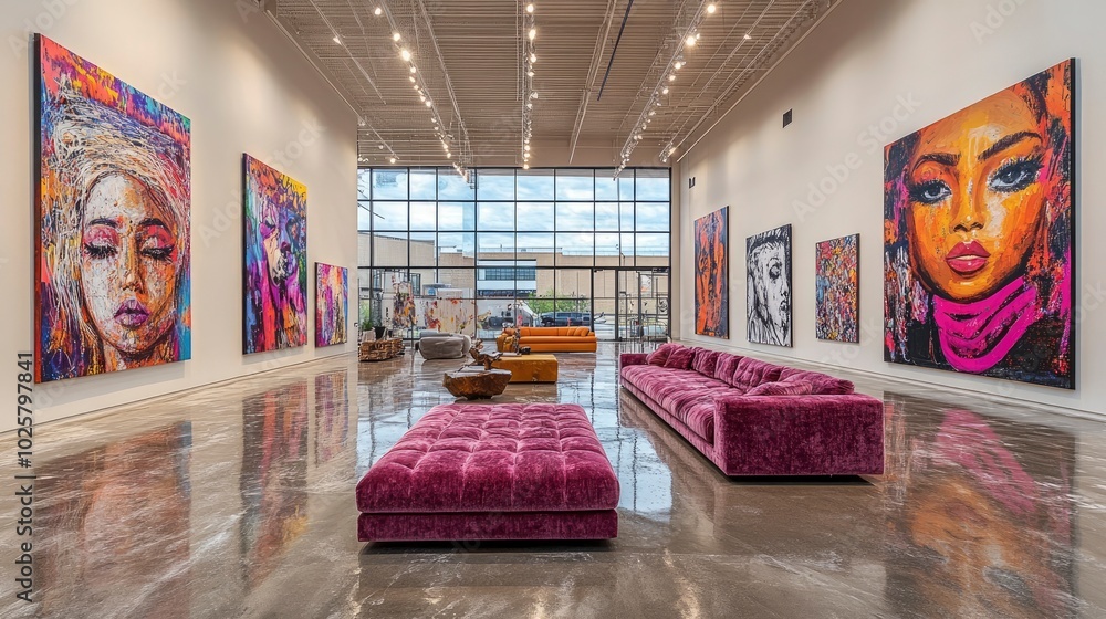A contemporary urban art gallery with large open spaces, modern ...