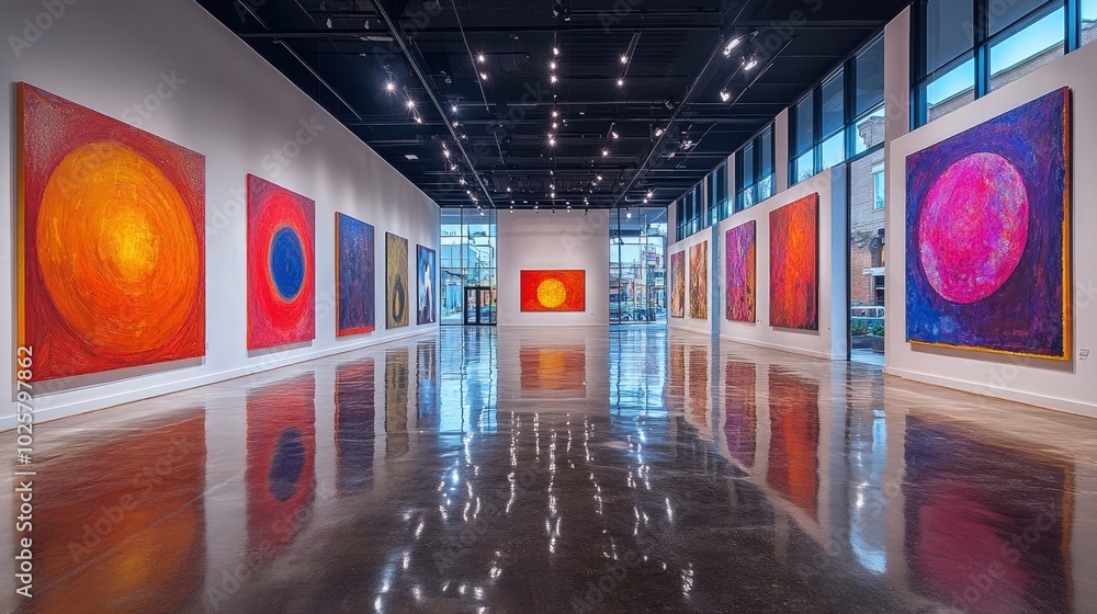 A contemporary urban art gallery with large open spaces, modern ...