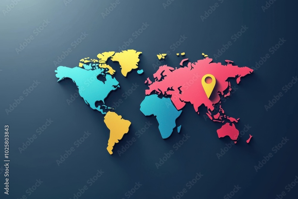 Colorful world map design with distinct regions and a location pin ...