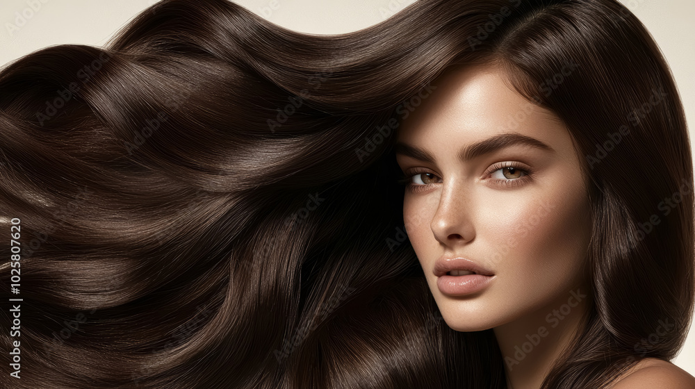 Glamorous attractive girl with well groomed, smooth, voluminous dark ...