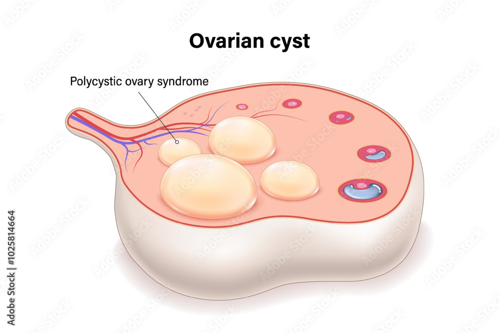 Polycystic ovary syndrome PCOS cross section vector. Ovarian cysts ...