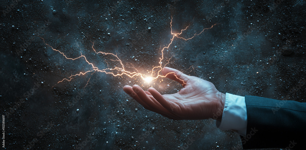 A hand holding a glowing object in a dark space. The hand is reaching ...