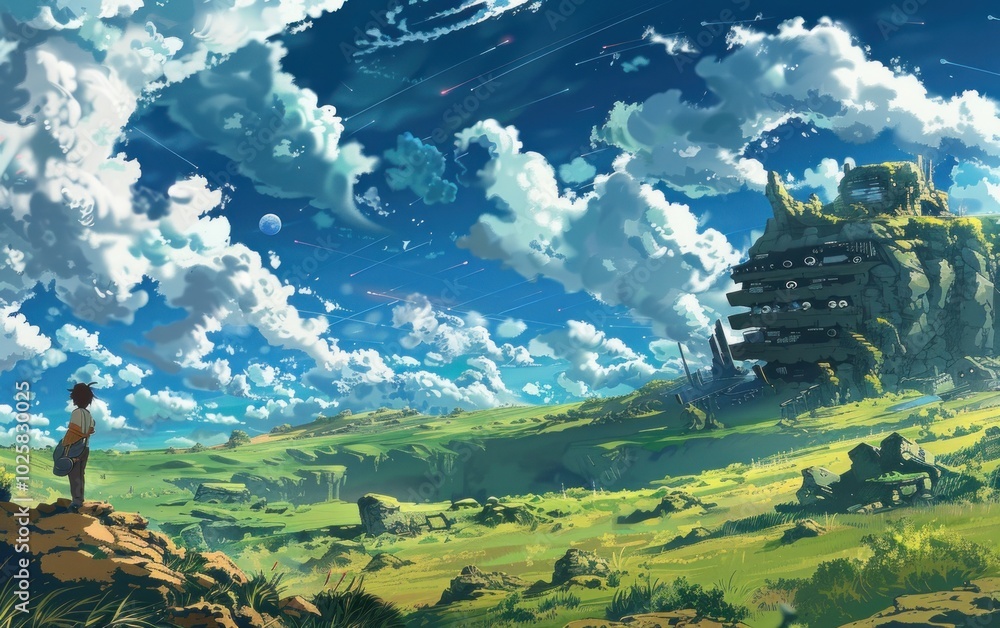 Anime-style landscape with a person facing an ancient structure and ...