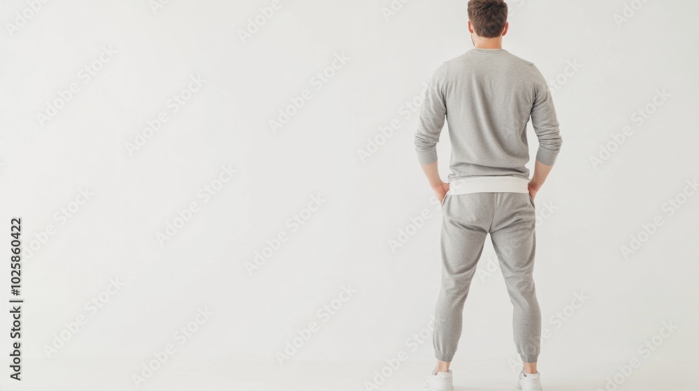 Full-body back view of man in workout clothes, standing with feet apart ...