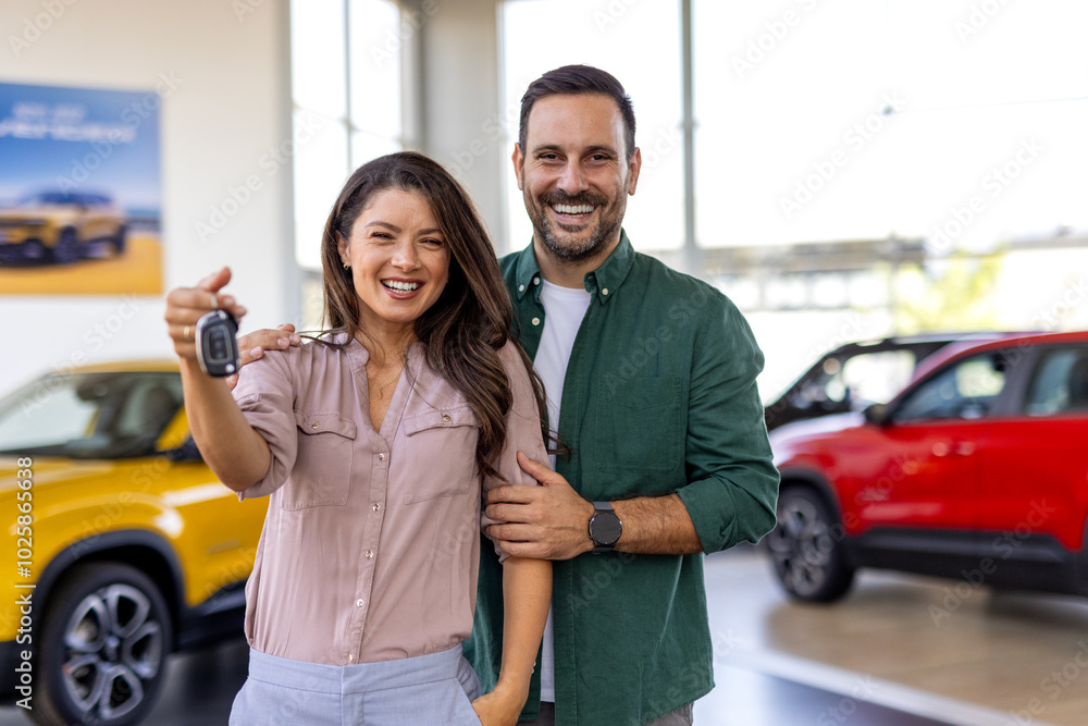 Visiting car dealership. Beautiful couple is holding a key of their new ...