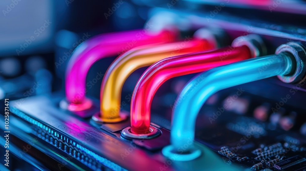 Colorful cooling tubes on a computer motherboard, close-up view ...