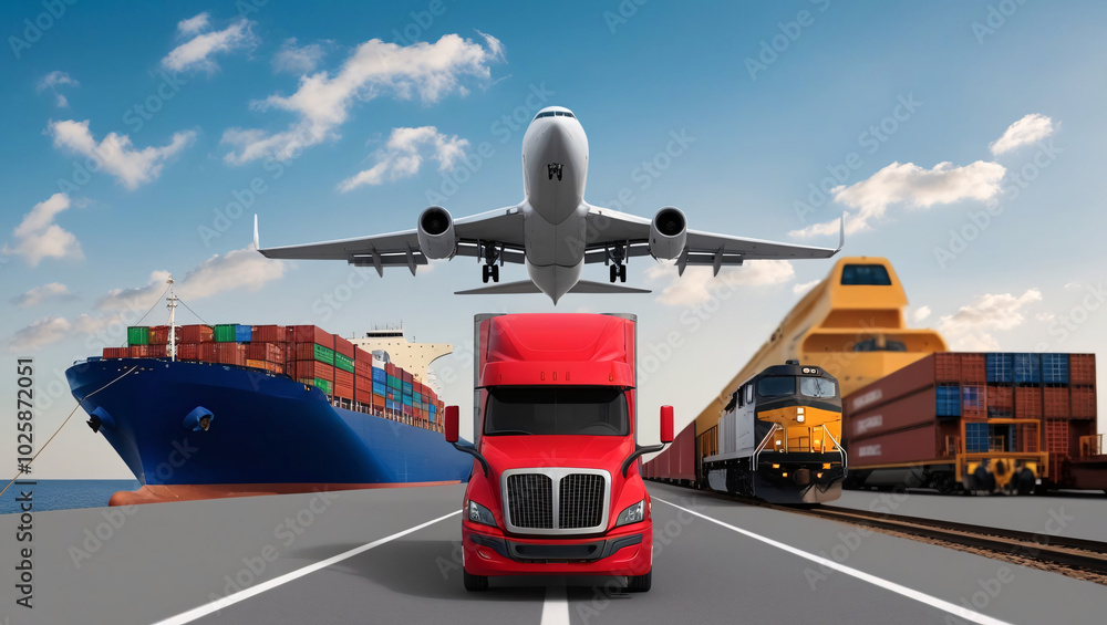 Digital Scene of Global Logistics Red Semi-Truck, Airplane in Flight ...