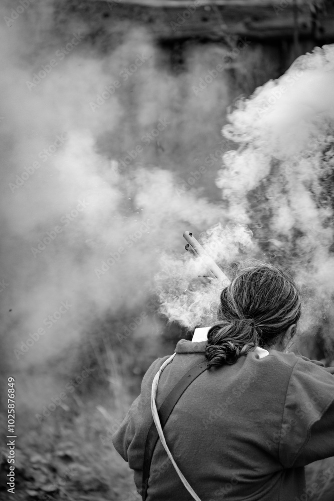 Poster Redcoat reenactor displaying musket, demonstrating historic ...