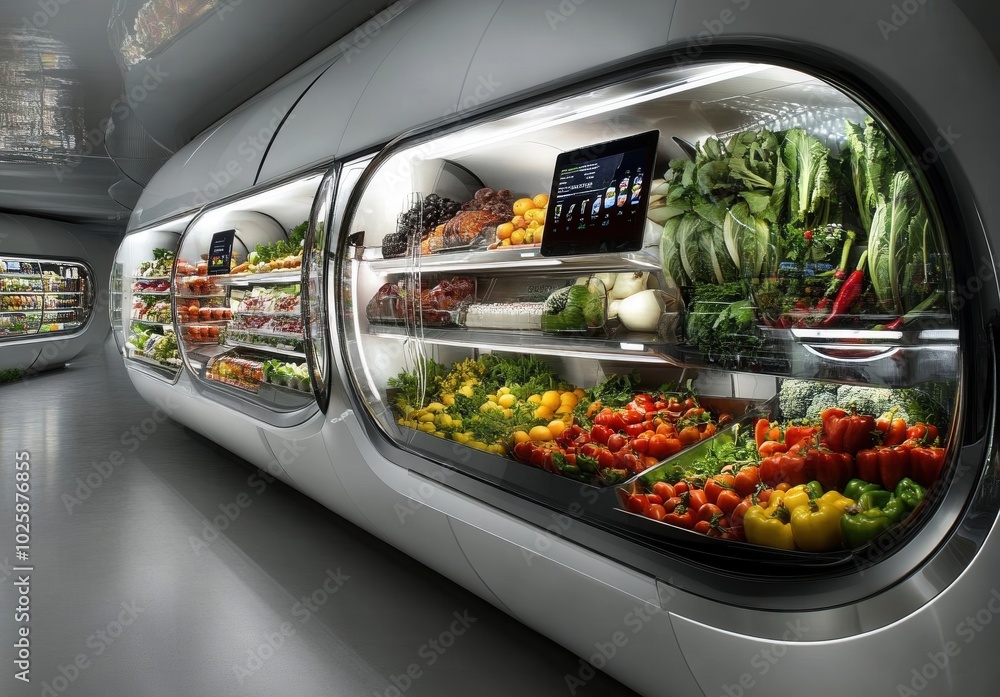 futuristic grocery store with sleek, pod-like refrigerated display ...