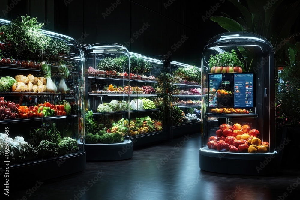 futuristic grocery store with illuminated, sleek display cases of fresh ...