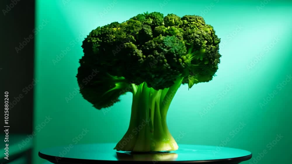 a 360-degree video of vibrant green broccoli rotating on a stand in a ...