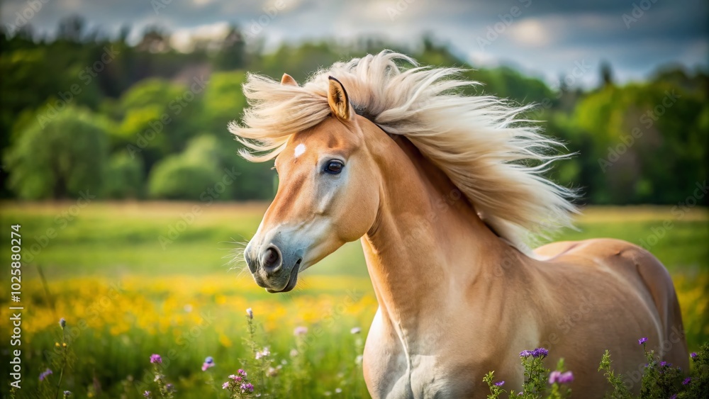Norwegian Fjord Horse Shaking Head in Lush Spring Field - Captivating ...