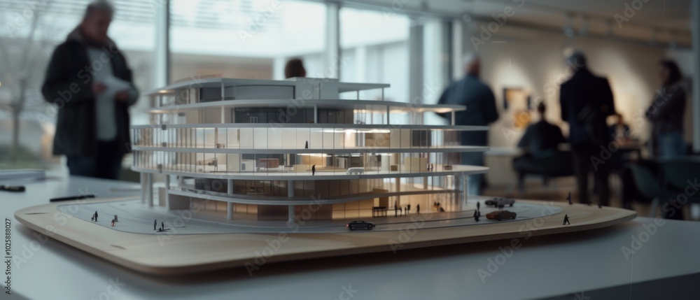 A detailed architectural model sits on a sleek table, capturing a ...