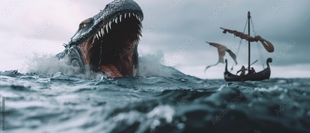 A massive sea creature menaces a Viking ship, its gaping maw ready to ...