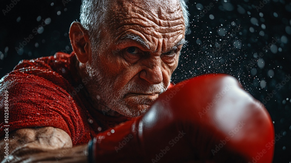 Elderly boxer dodging a punch in the ring while staying light on their ...
