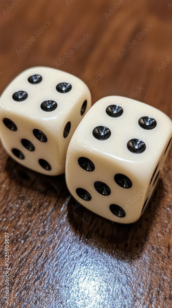 A pair of dice landing perfectly on double sixes during a game night ...