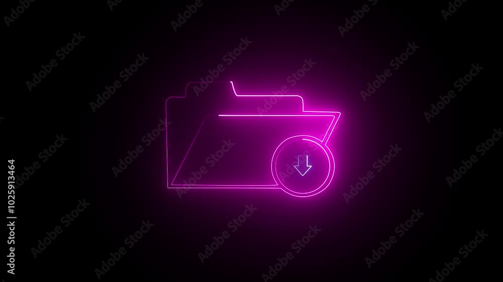Neon Download Folder Icon in depicted in a vibrant neon glow against ...