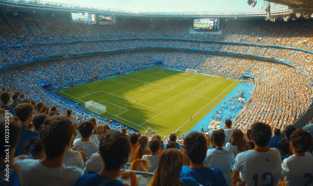 Soccer Football Championship Stadium with Crowd of Fans: Blue Team ...